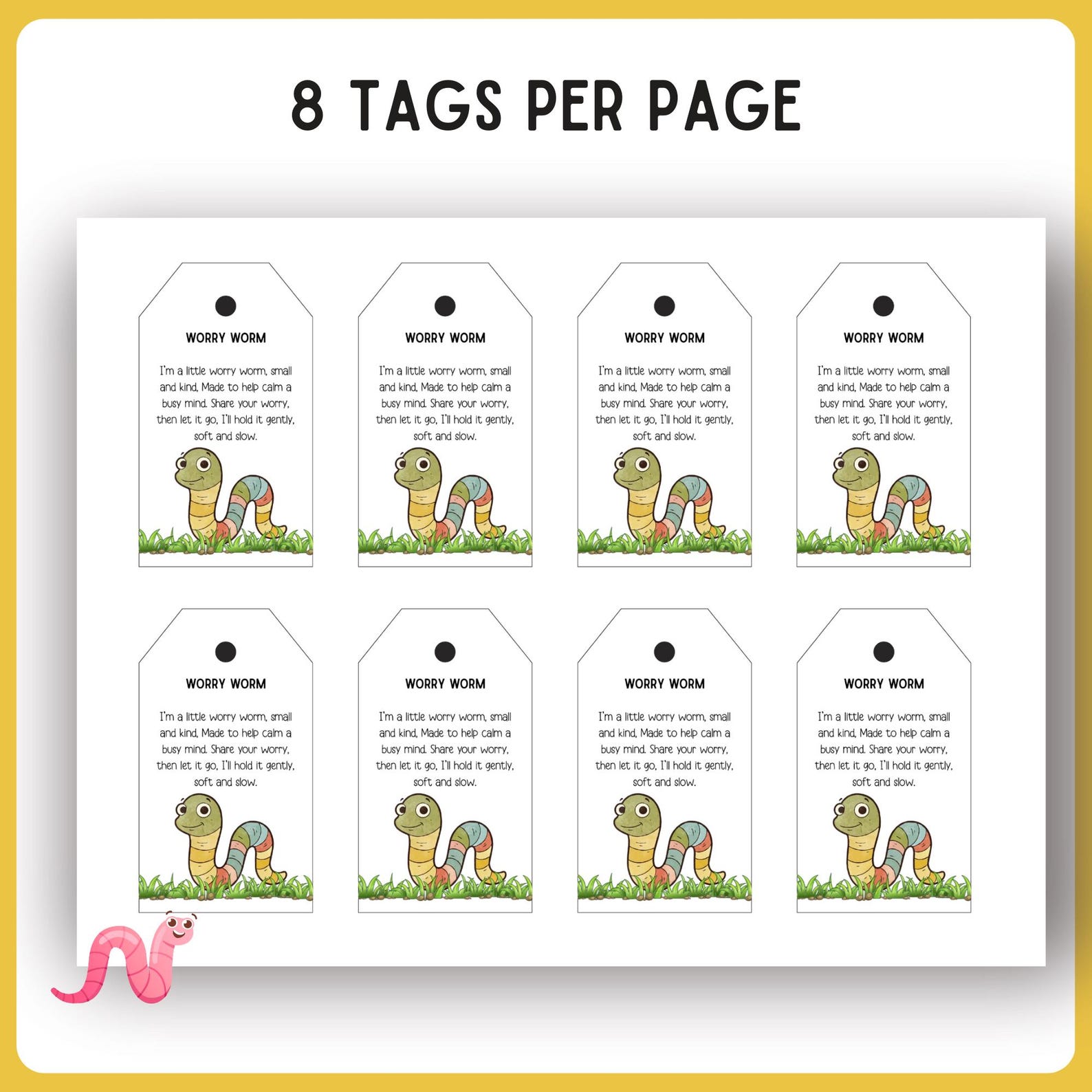 Worry Worm Tags - Printable Gift Tags, Poem Card for Kids, Fun Party ...