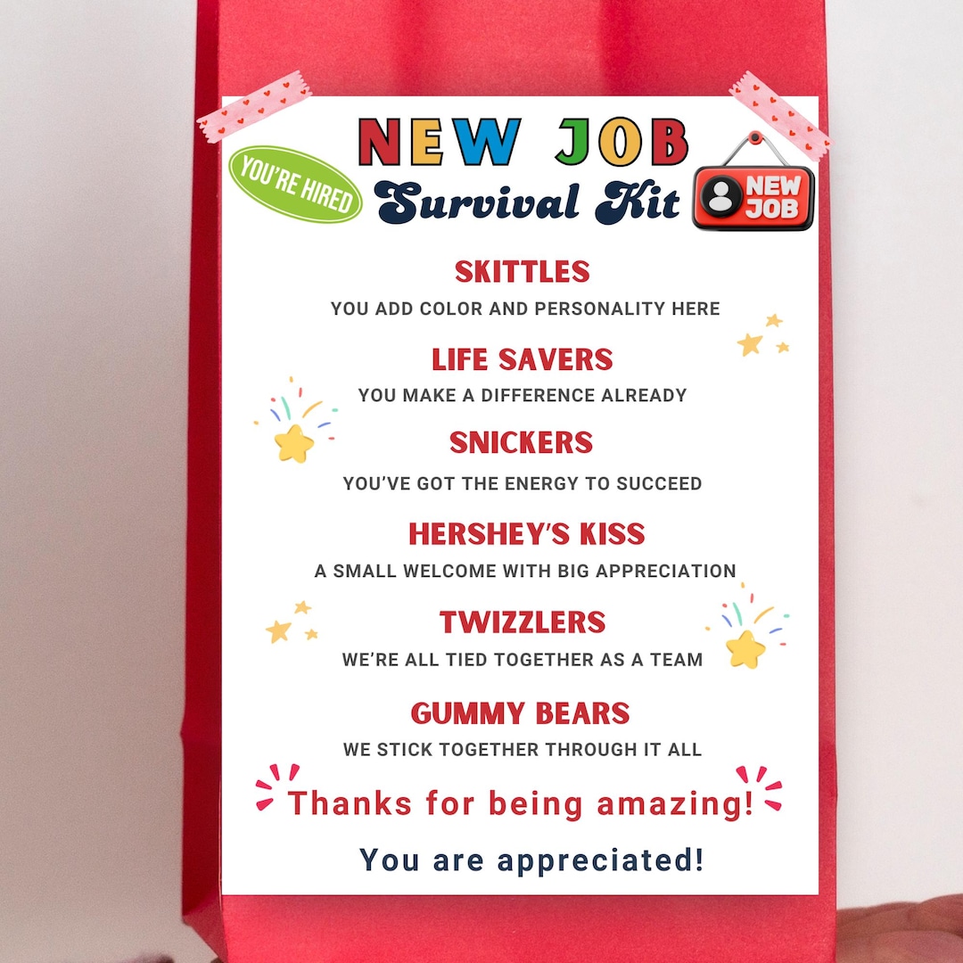 New Job Survival Kit Tag, Welcome to the Team Employee Treat Pack, New ...