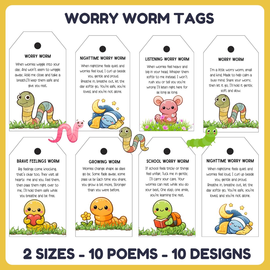 Worry Worm Tags - Printable Gift Tags, Poem Card for Kids, Fun Party ...