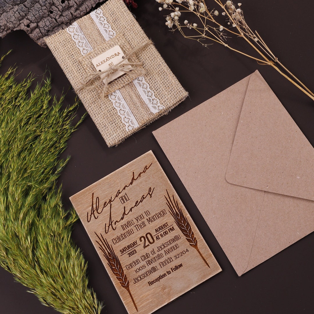 Rustic Wooden Invitation Card With Burlap Envelope, Burlap Wedding ...