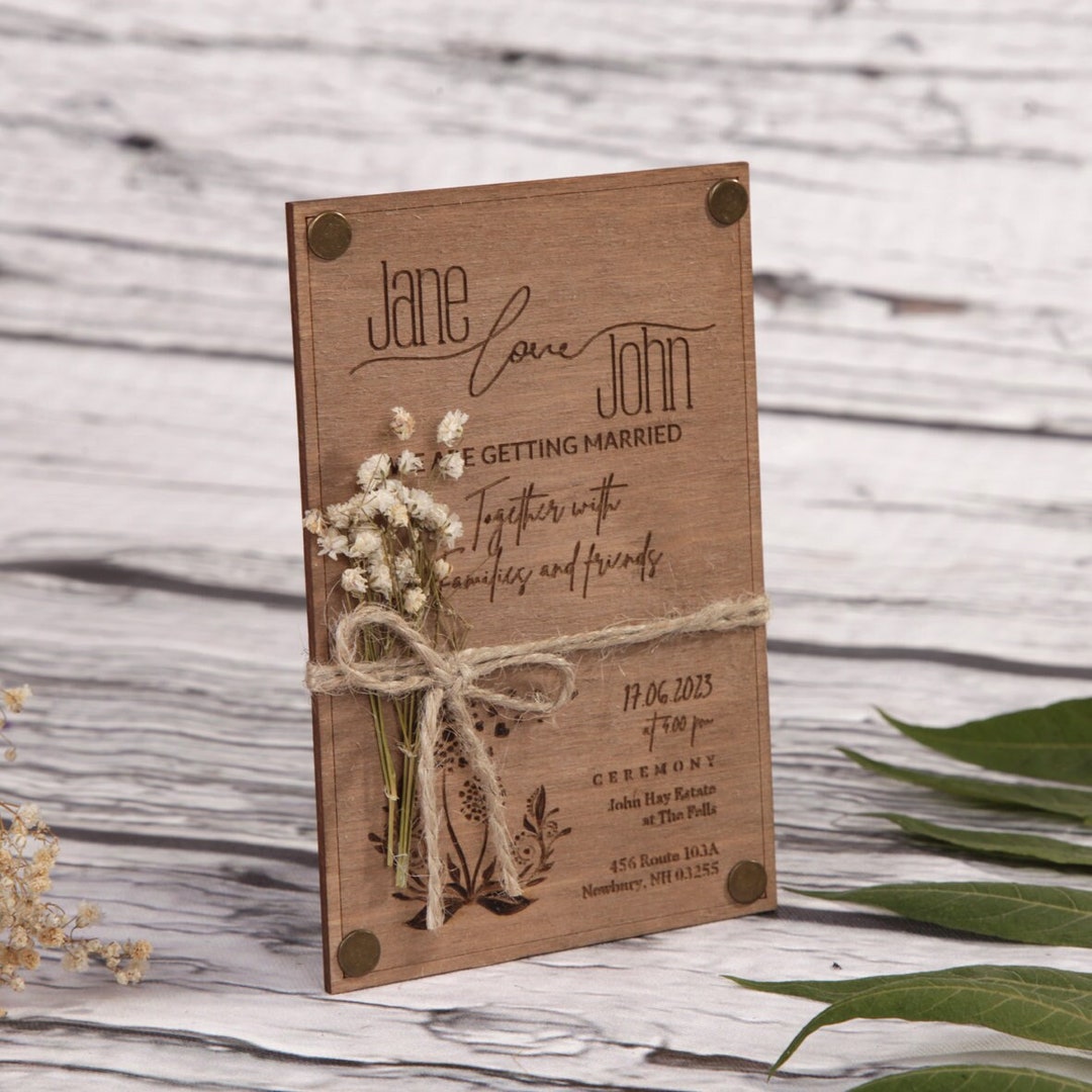 Baby's Breath Wooden Invitation Card With Flowers, Wood Wedding ...