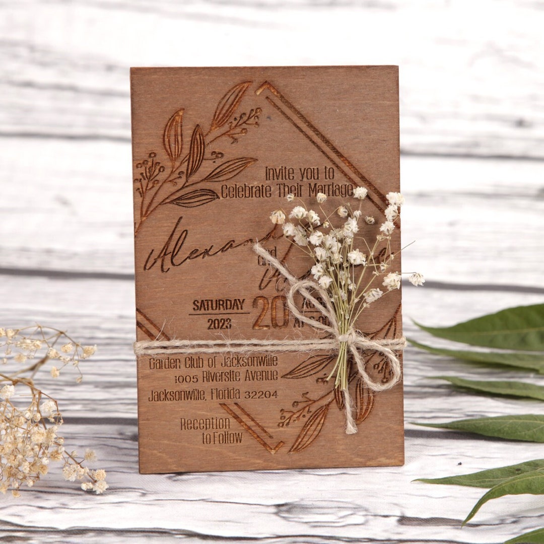 Floral - Real Wood Wedding Invitation - Wooden Wedding Invitations Set ...