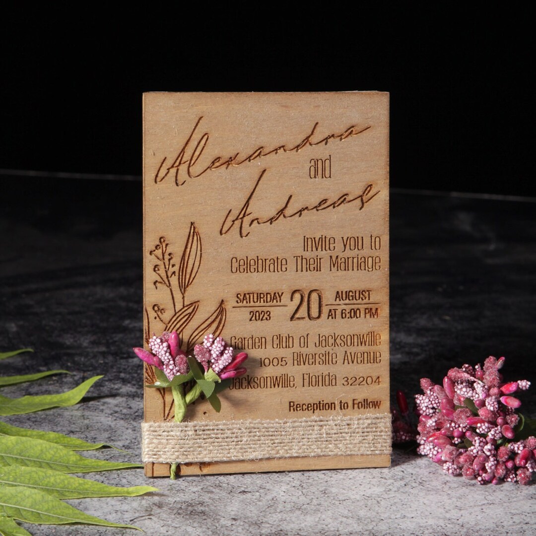 Lily & Wood Wedding Invitation Set, Wooden Burgundy Floral Invitation ...