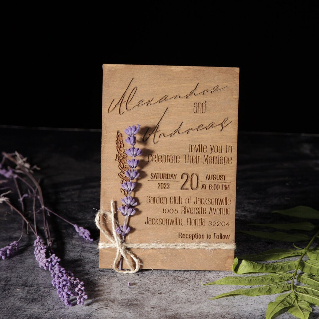 Personalized Wooden Wedding Invitations - Rustic Lavender Wedding ...