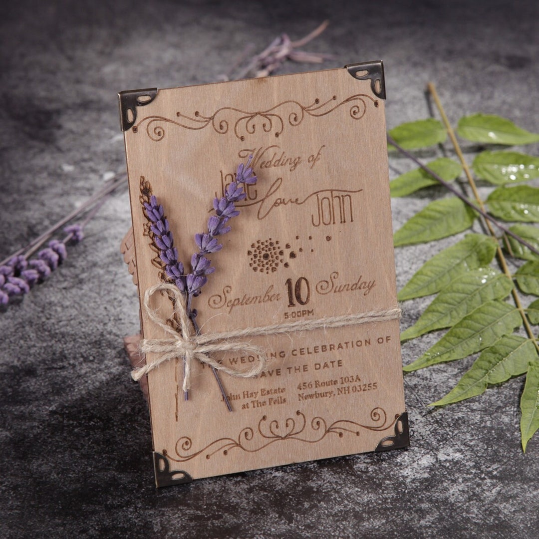Lavender Detailed Wooden Invitation, Wedding Invitations, Rustic ...