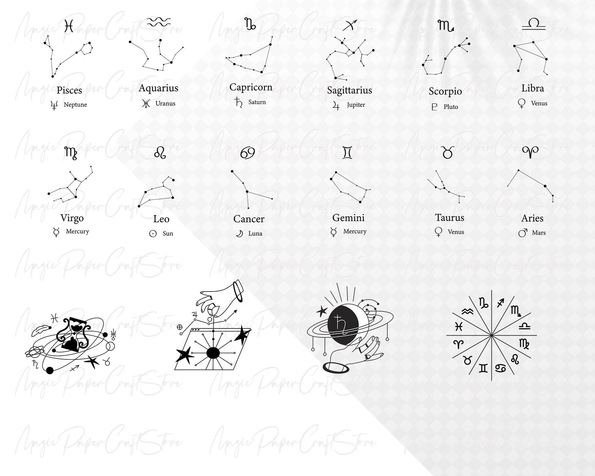 Zodiac Signs SVG Bundle | Horoscope SVG Bundle | Celestial Star Sign ...