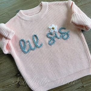 Personalized Knit Sweater, Name Sweater, Hand Embroidered Baby Name Sweater, Big Sis Lil Sis ...