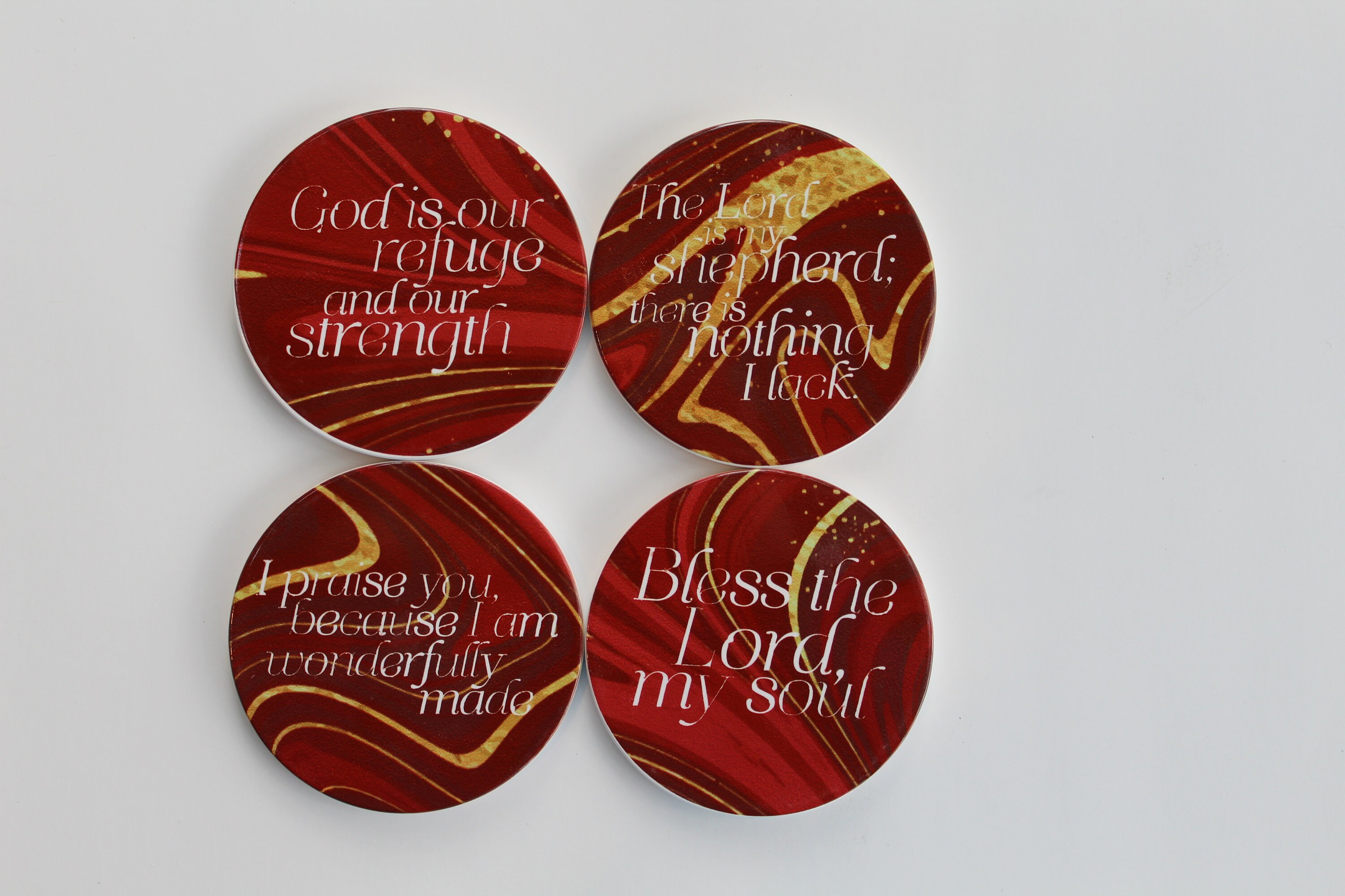 Ceramic Glossy Coaster Set of 4 Red and Gold Marble With Scripture ...