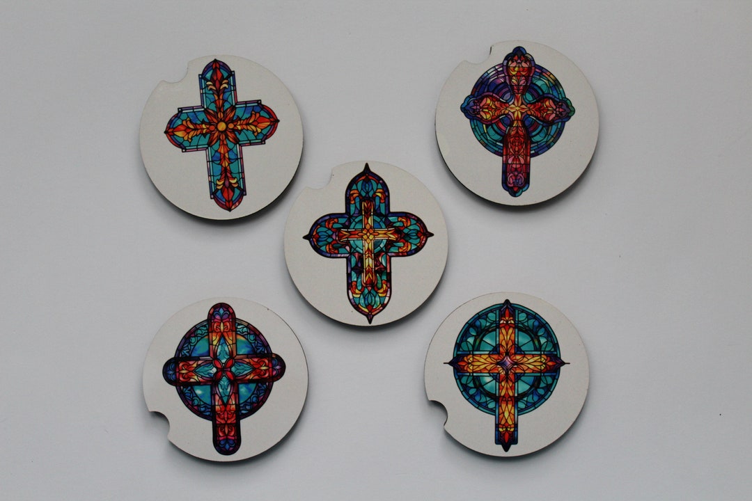 Set of 5 Stained Glass Window Cross Design CAR COASTERS Great Christian ...