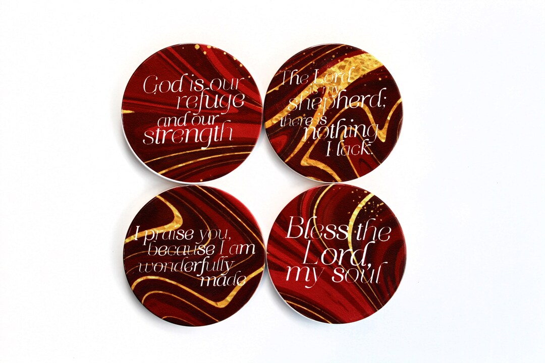 Ceramic Glossy Coaster Set of 4 Red and Gold Marble With Scripture ...