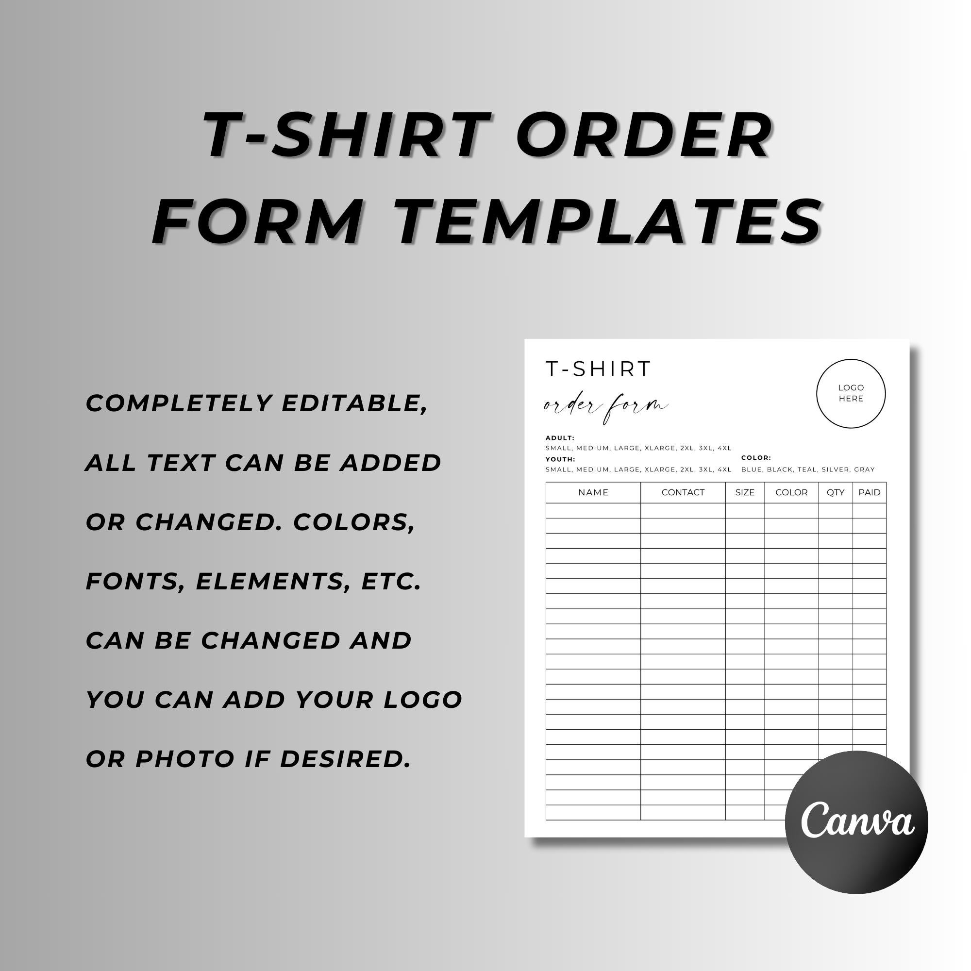 T Shirt Order Form Canva Template, Editable Shirt Order Form, Printable ...