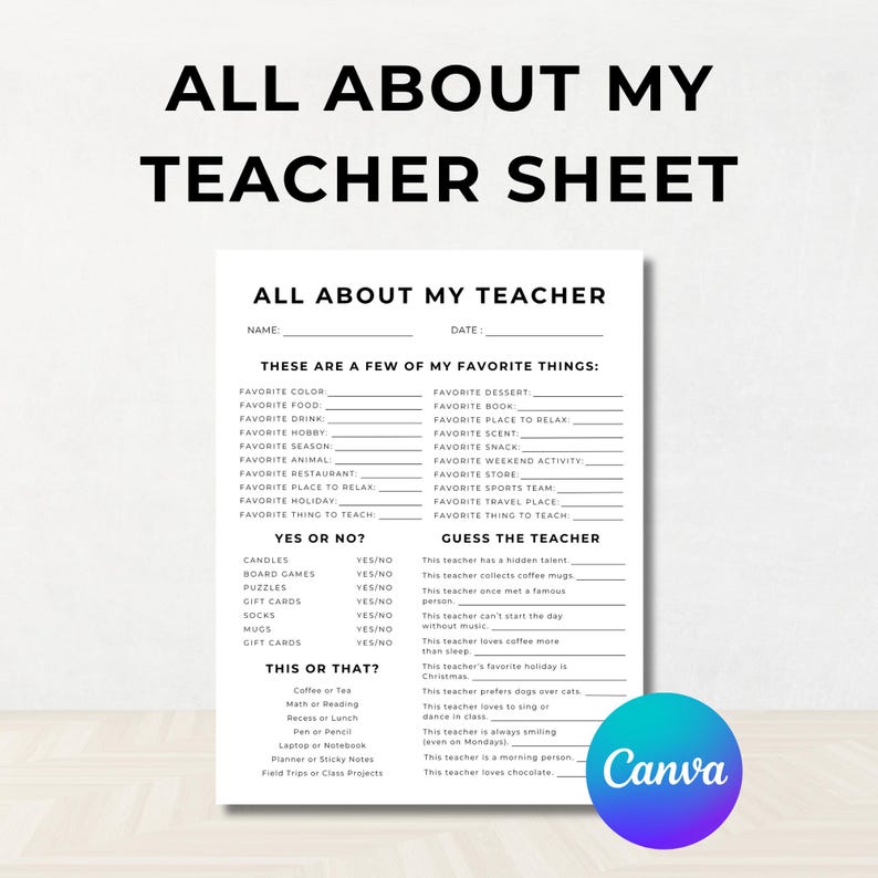 All About My Teacher Favorites List, First Day of School Info Sheet ...