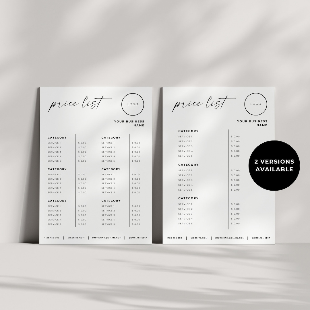 Price List Sheet Template, Printable Price Sheets, Editable Price Guide ...