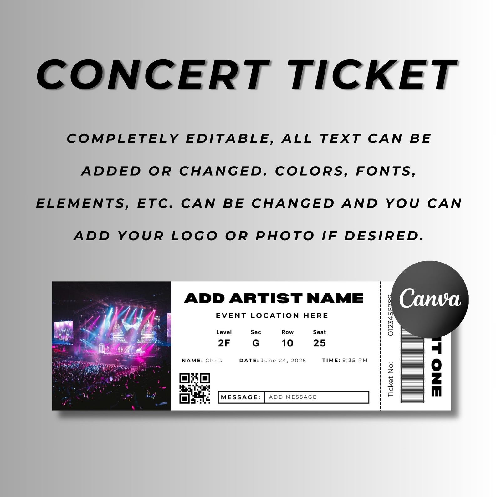 Canva Template Editable Concert Ticket, Printable Concert Ticket Gift ...