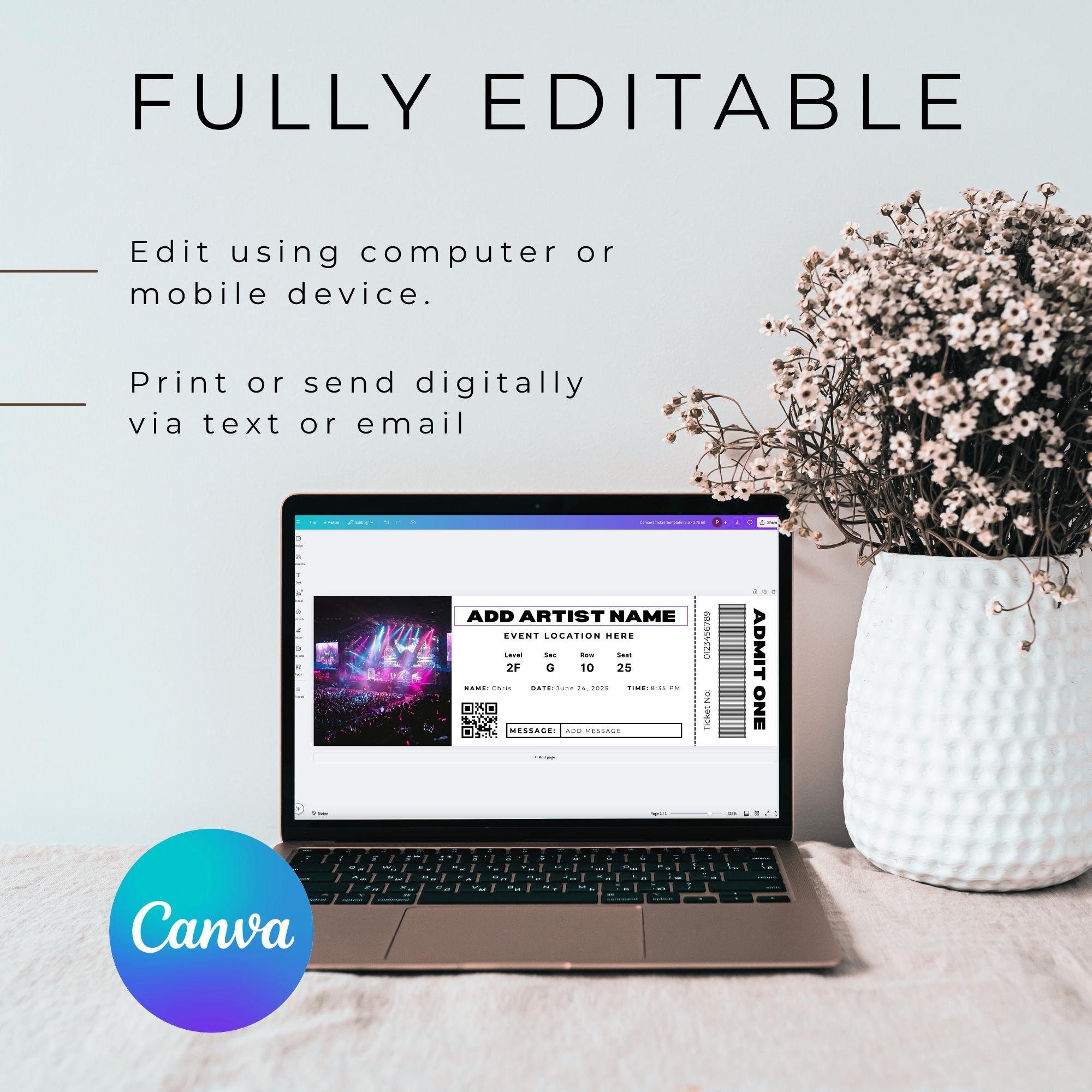 Canva Template Editable Concert Ticket, Printable Concert Ticket Gift ...