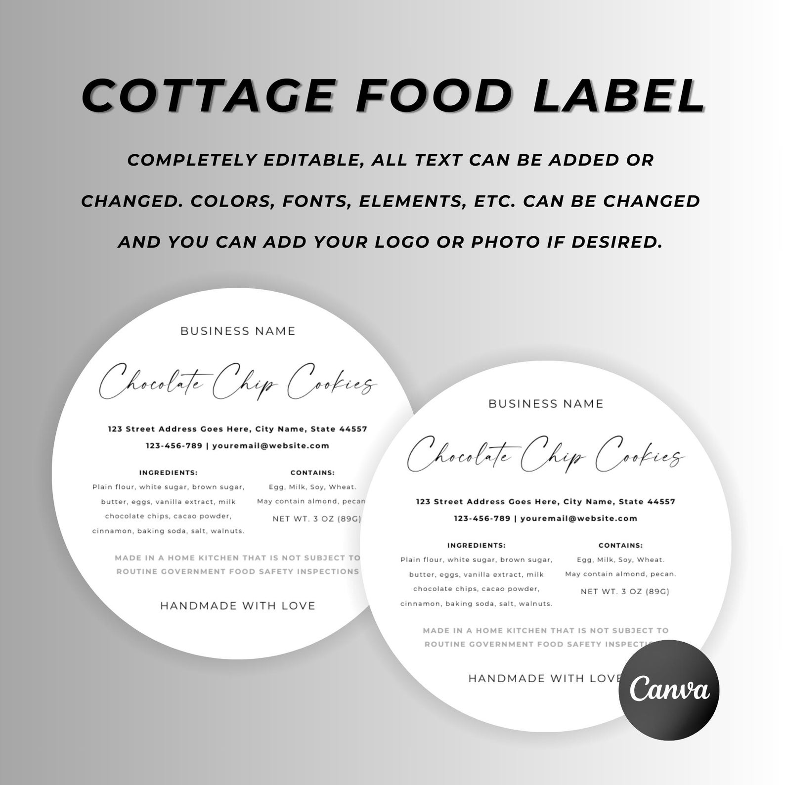 Cottage Food Label Template: Editable Bakery Stickers (download, Canva ...