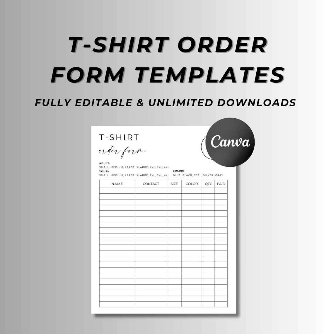 T Shirt Order Form Canva Template, Editable Shirt Order Form, Printable ...