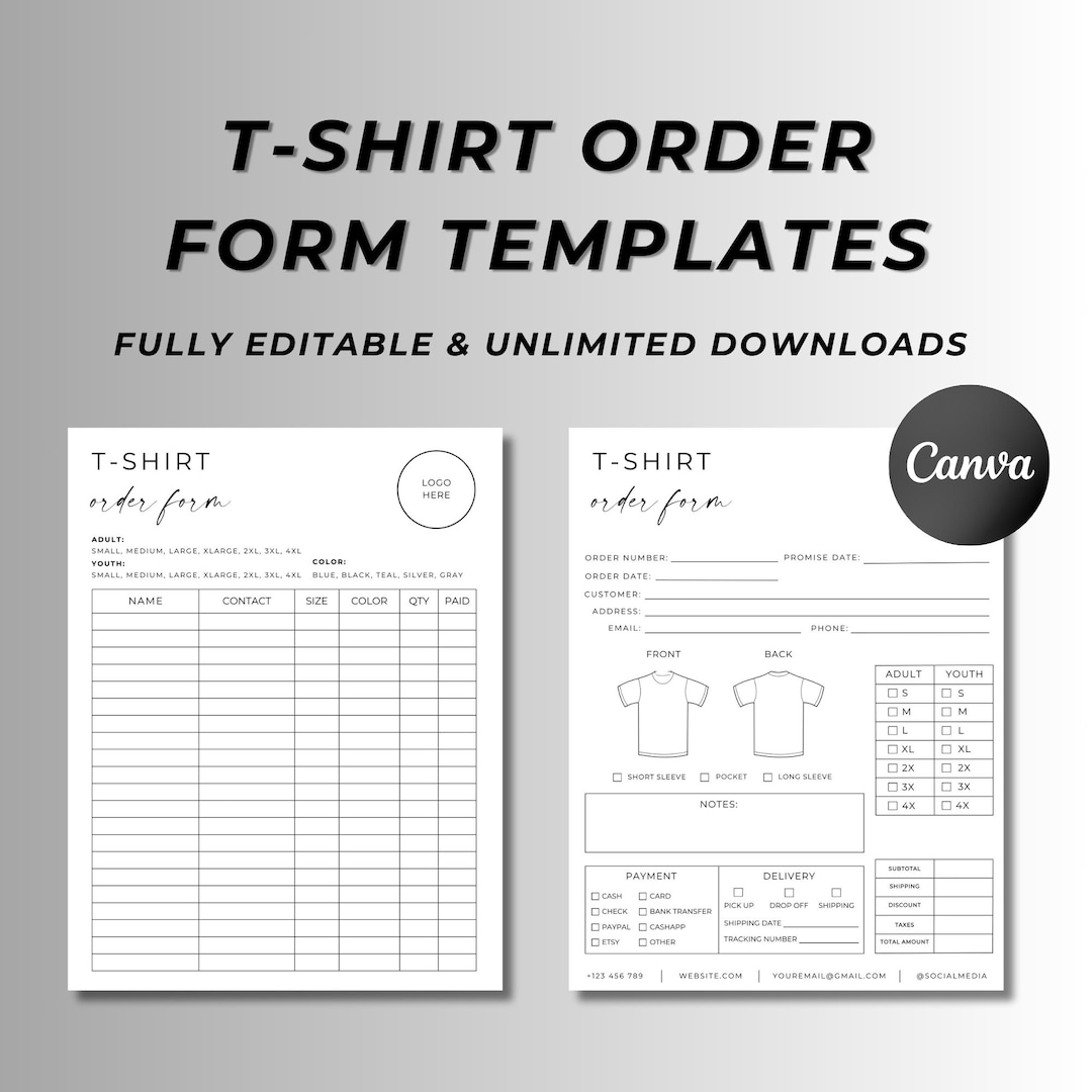 T Shirt Order Form Canva Template, Editable Shirt Order Form, Printable ...