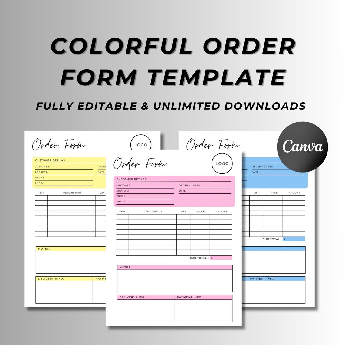 Color Order Form for Small Business, Order Form Editable Template ...