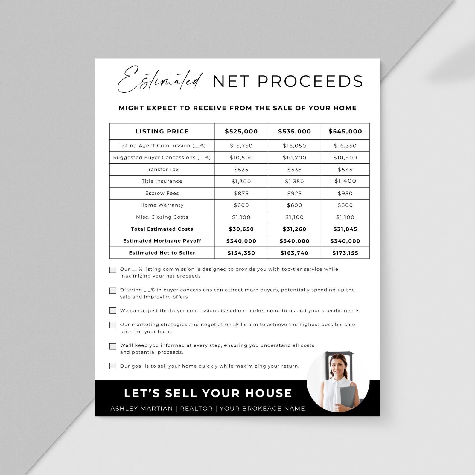 Real Estate Sellers Net Sheet, Seller's Net Proceeds Sheet, Realtor ...