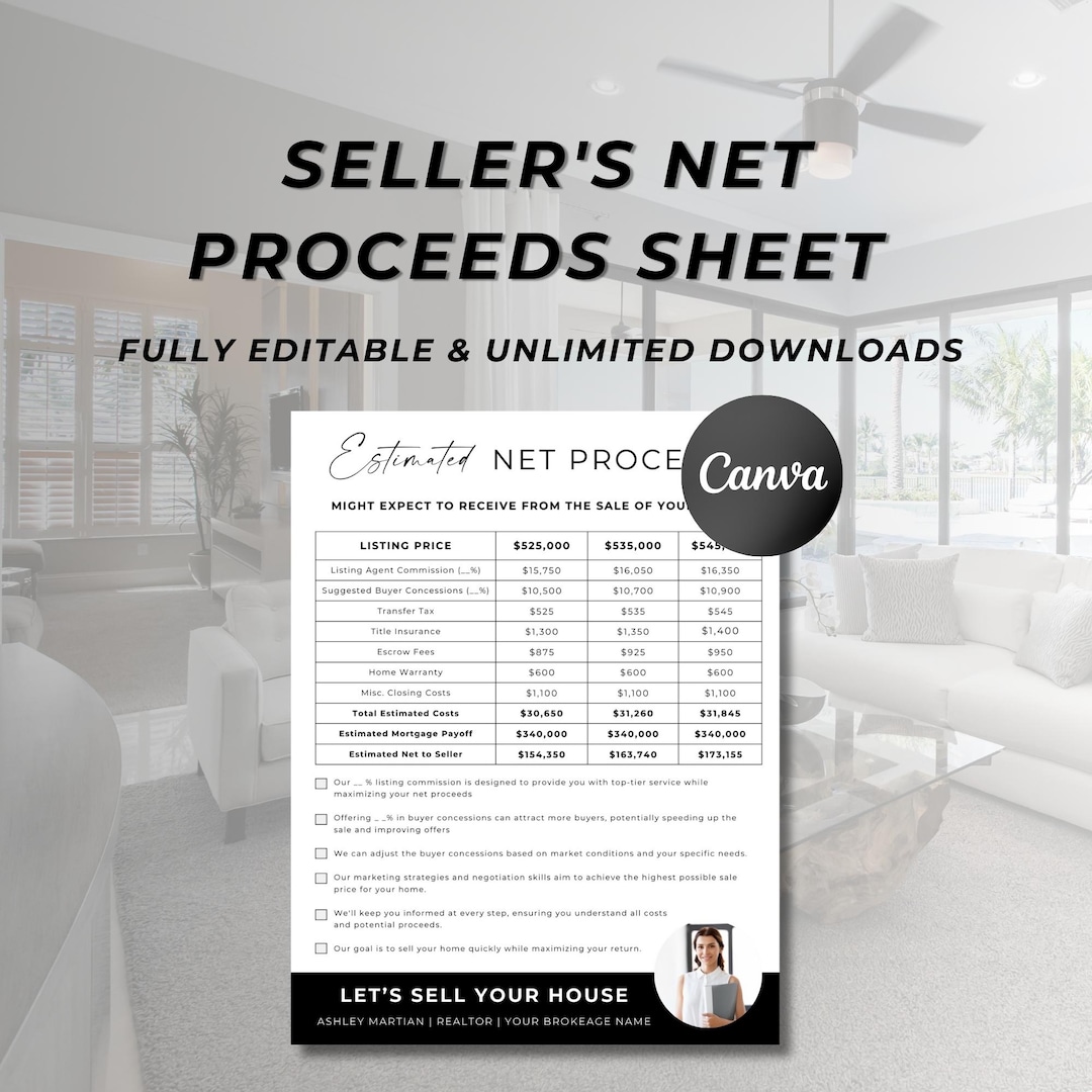 Real Estate Sellers Net Sheet, Seller's Net Proceeds Sheet, Realtor ...