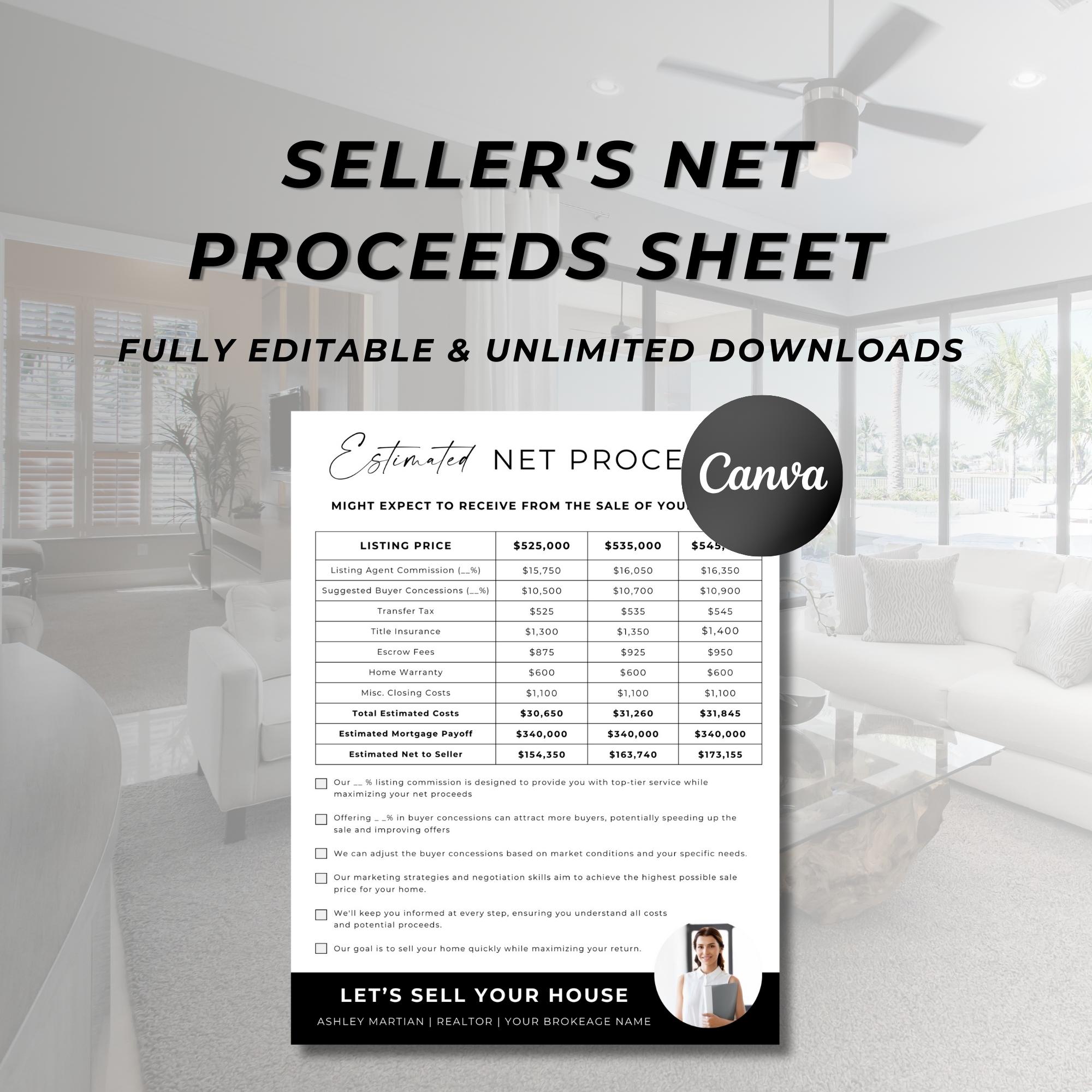 Real Estate Sellers Net Sheet, Seller's Net Proceeds Sheet, Realtor Marketing, Home Seller Net ...