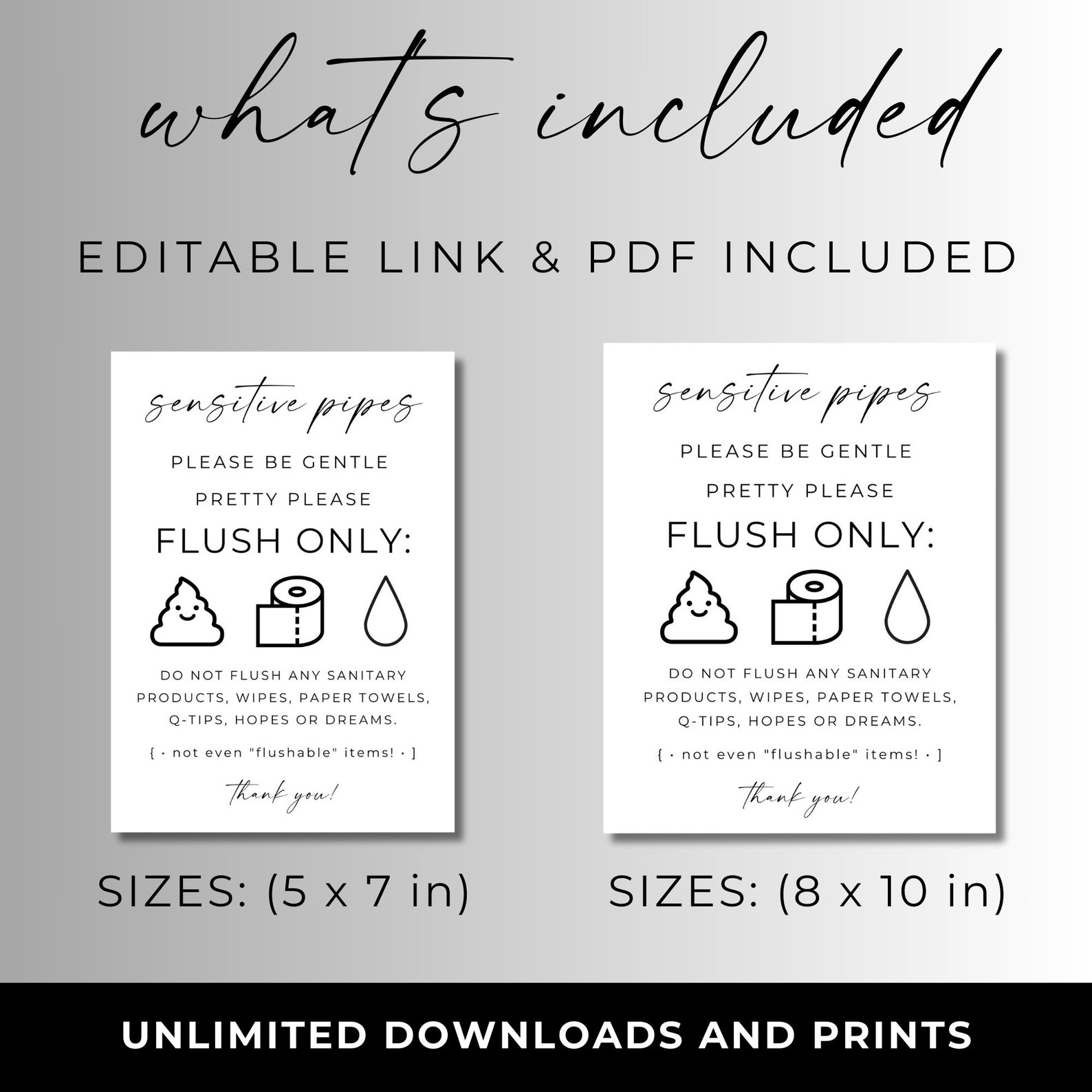 Flush Only Toilet Paper & Natural Waste Sign, Cute Sensitive Pipes ...