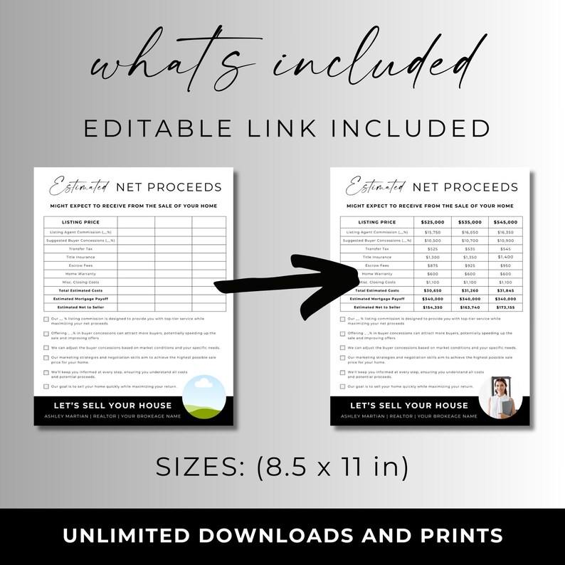 Real Estate Sellers Net Sheet, Seller's Net Proceeds Sheet, Realtor ...