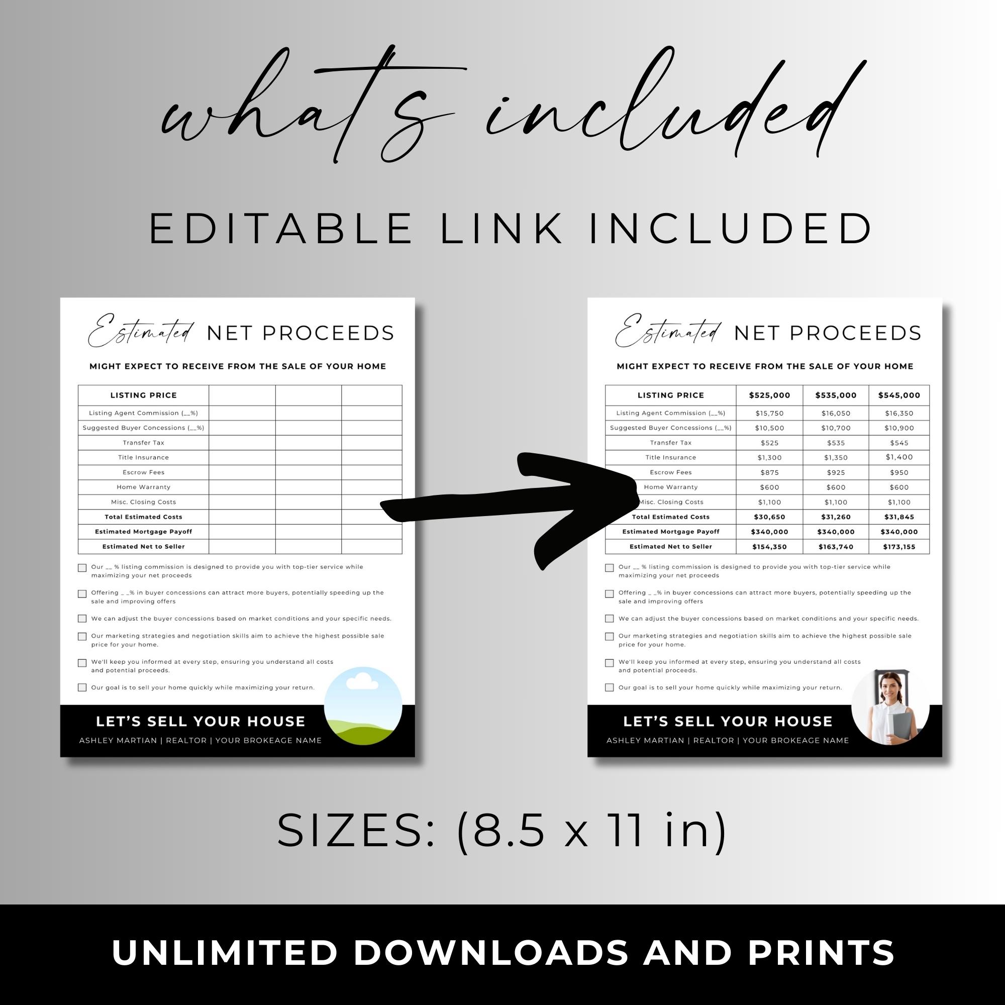 Real Estate Sellers Net Sheet, Seller's Net Proceeds Sheet, Realtor ...