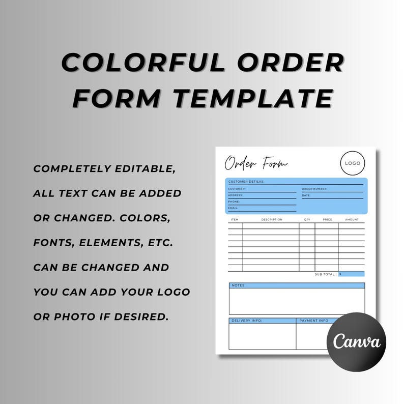 Color Order Form for Small Business, Order Form Editable Template ...