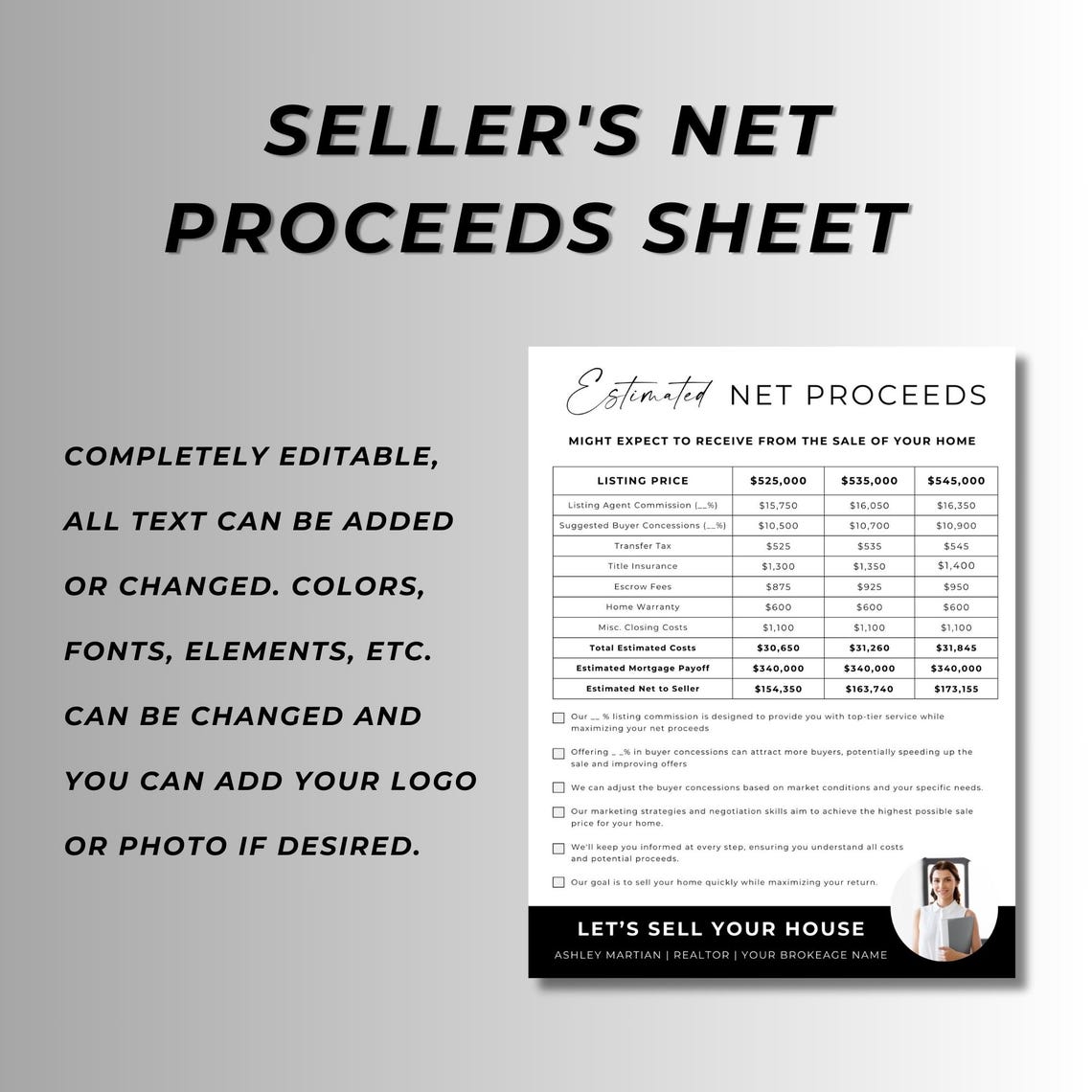 Real Estate Sellers Net Sheet, Seller's Net Proceeds Sheet, Realtor ...