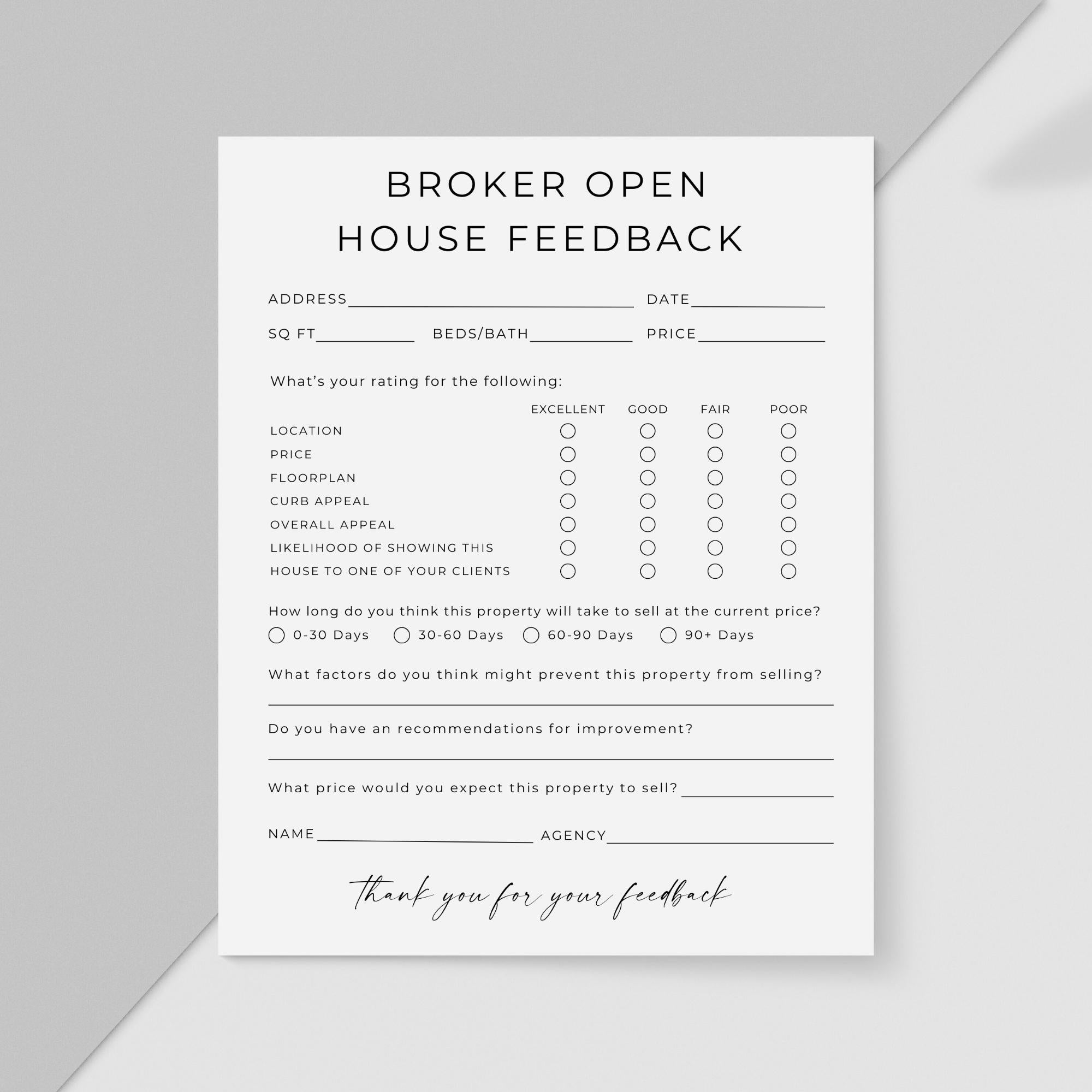 Broker Open House Feedback Form, Real Estate Agent Open House Feedback ...