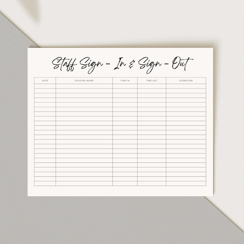 Staff Sign-in & Sign-out Sheet Template, Fancy Font, Sign-in and Sign ...