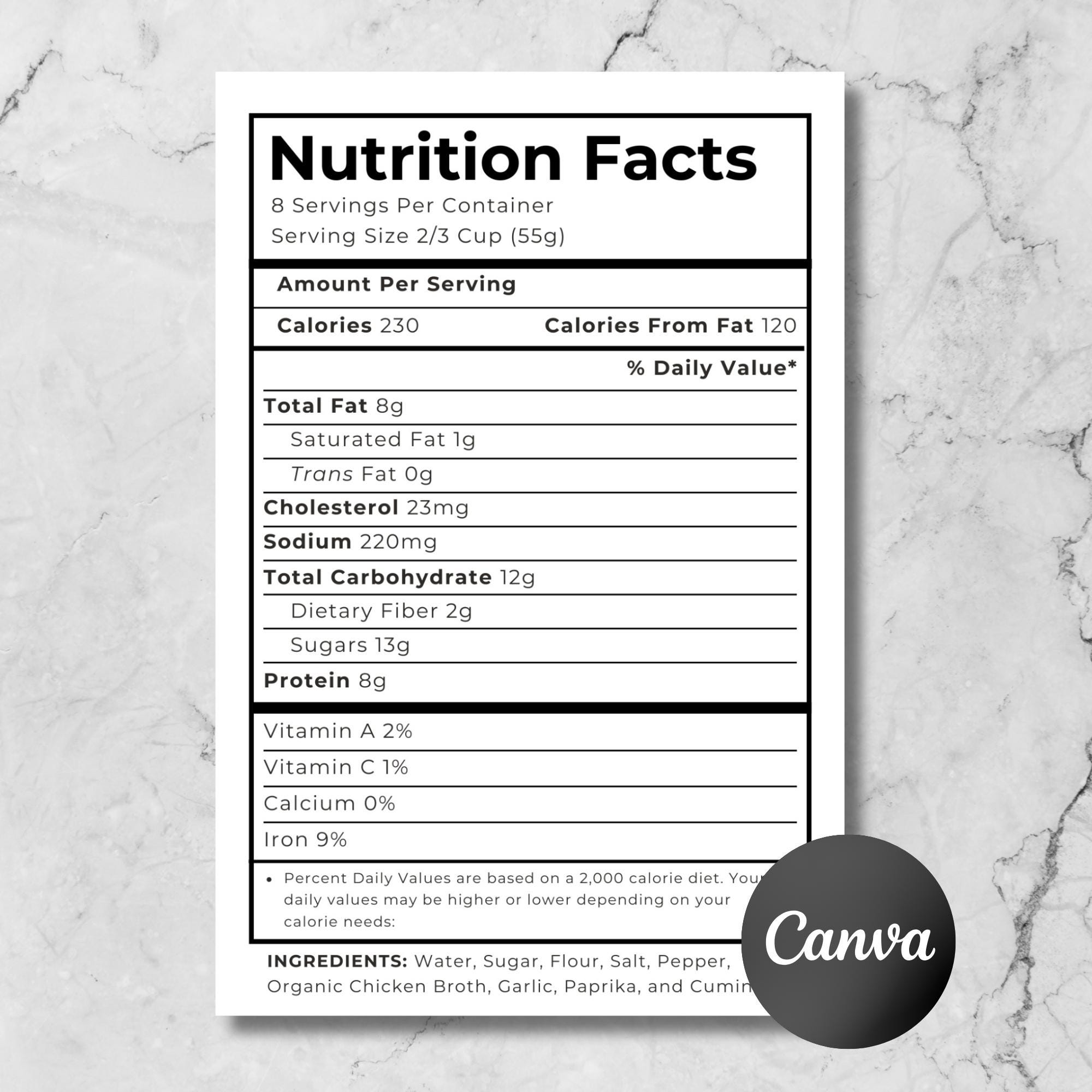 Nutrition Facts Label Template: Editable Canva Design (instant Download ...