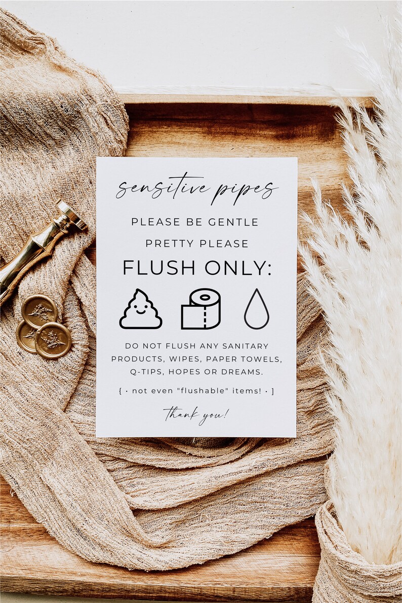 Flush Only Toilet Paper & Natural Waste Sign, Cute Sensitive Pipes ...
