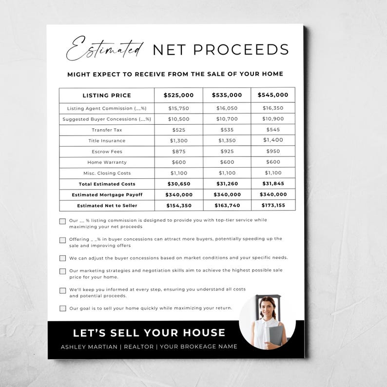 Real Estate Sellers Net Sheet, Seller's Net Proceeds Sheet, Realtor ...
