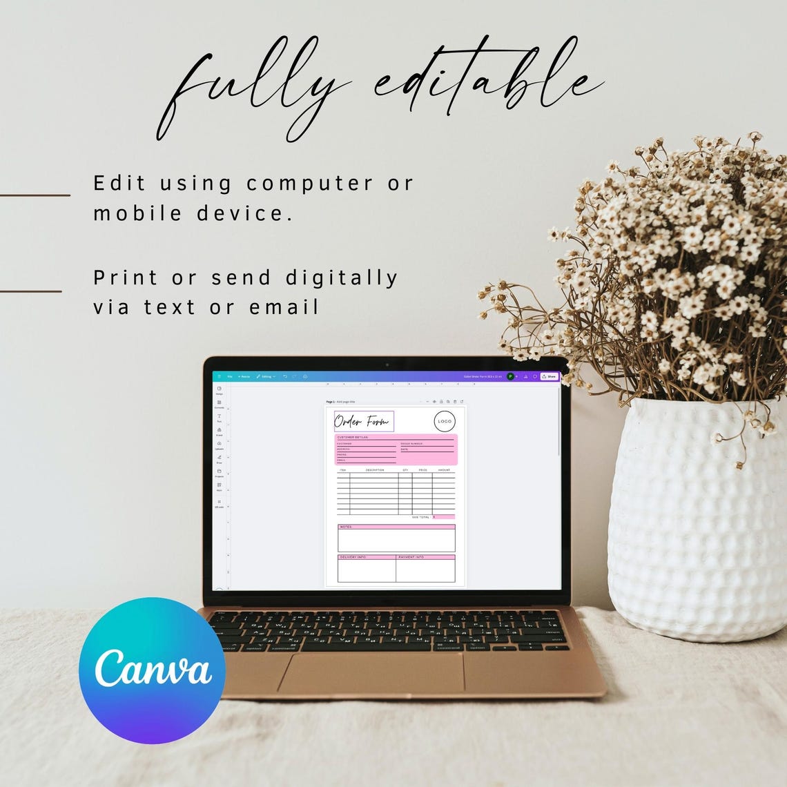 Color Order Form for Small Business, Order Form Editable Template ...