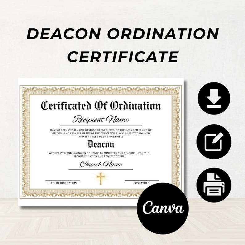 Deacon Ordination Certificate, Certificate of Ordination, Ministry ...