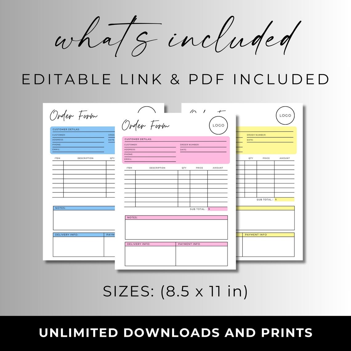 Color Order Form for Small Business, Order Form Editable Template ...