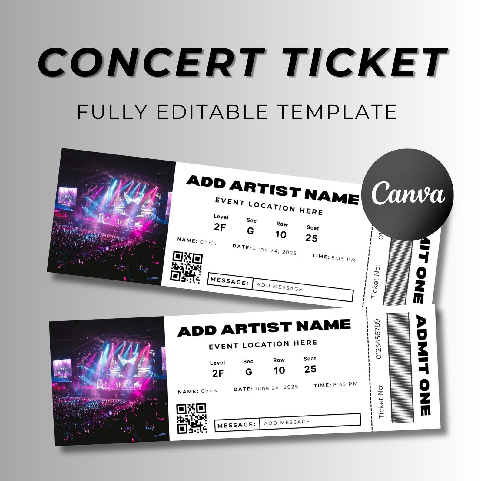 Canva Template Editable Concert Ticket, Printable Concert Ticket Gift ...