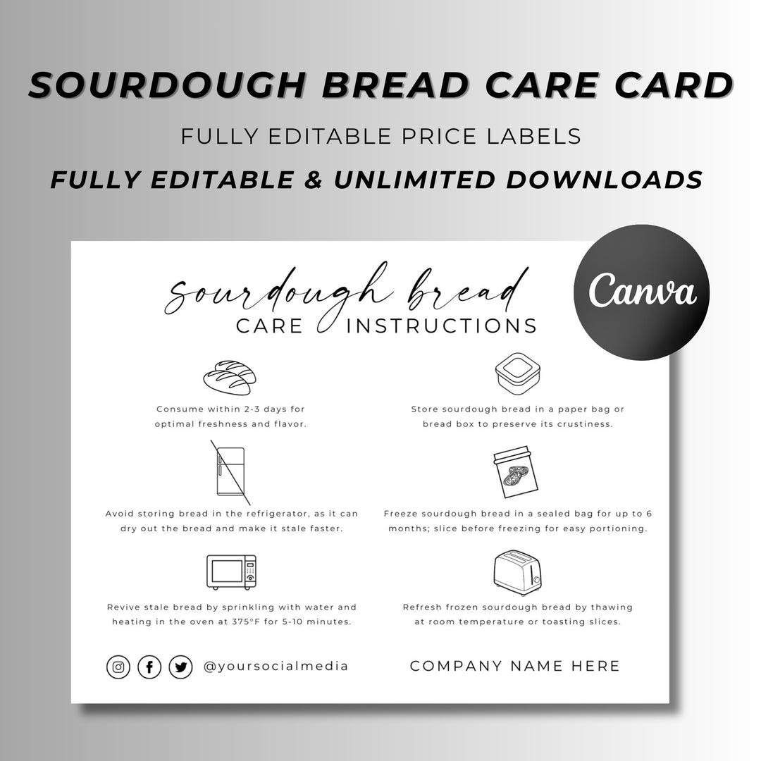 Sourdough Bread Care Card, Bread Care Instructions, Bread Care Card ...
