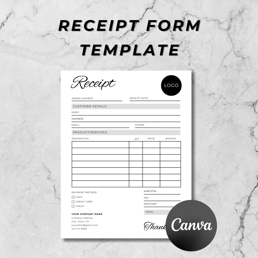 Receipt Form Template, Small Business Digital Receipt, Editable Receipt ...