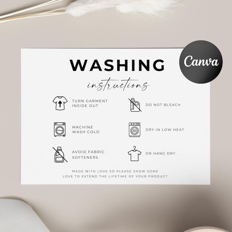 Washing Instructions Care Card: T-shirt Insert (editable Canva Template ...