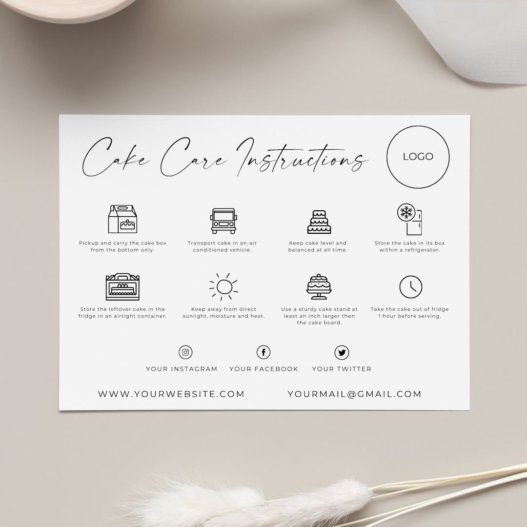 Cake Care Instructions Card Printable, Cake Care Card Template, Small ...