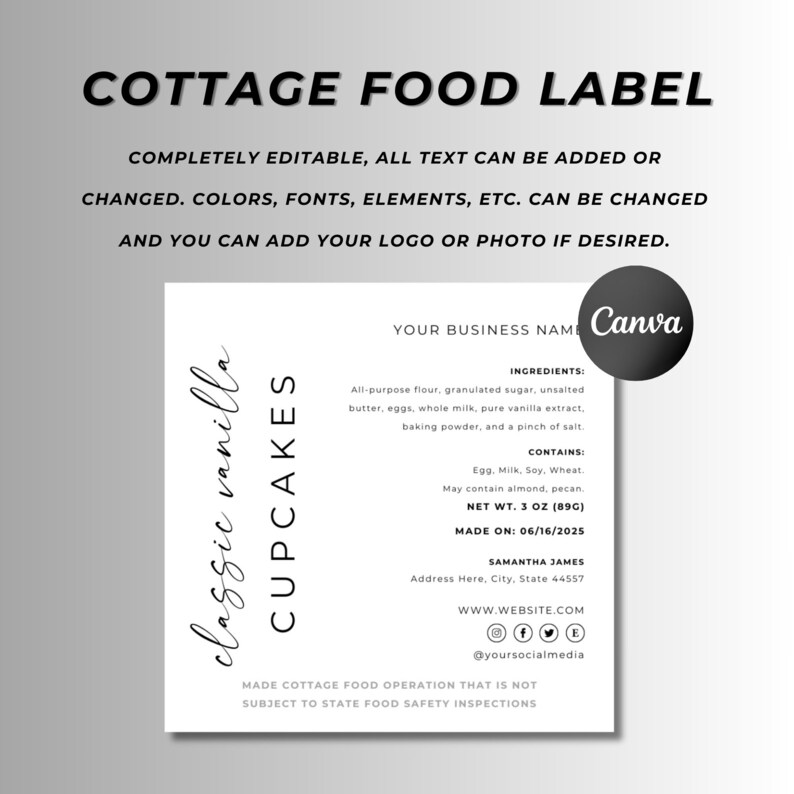 Cottage Food Label for Home Baked Goods, Ingredients Food Labels ...
