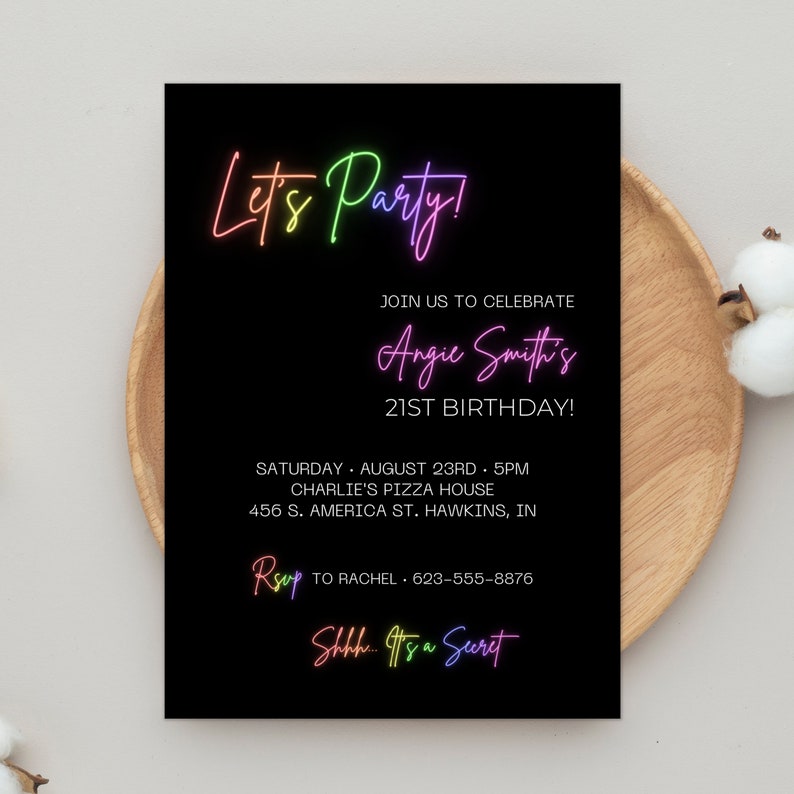 Neon Invitation Digital, Glow Party Invitation, Let's Party Invitation ...