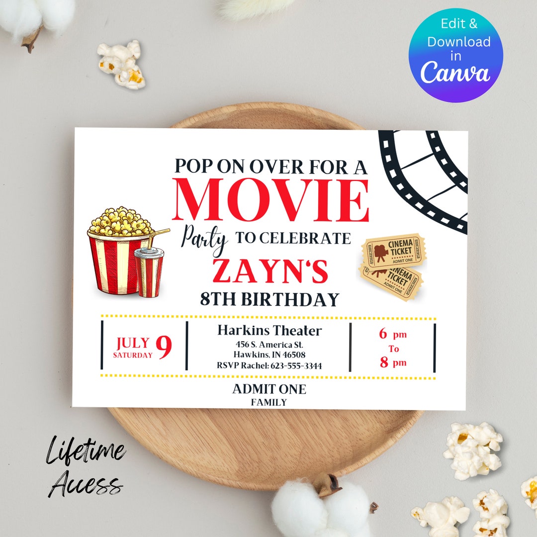 Pop on Over Invite, Pop by Birthday Invite, Movie Theater Party Invite ...