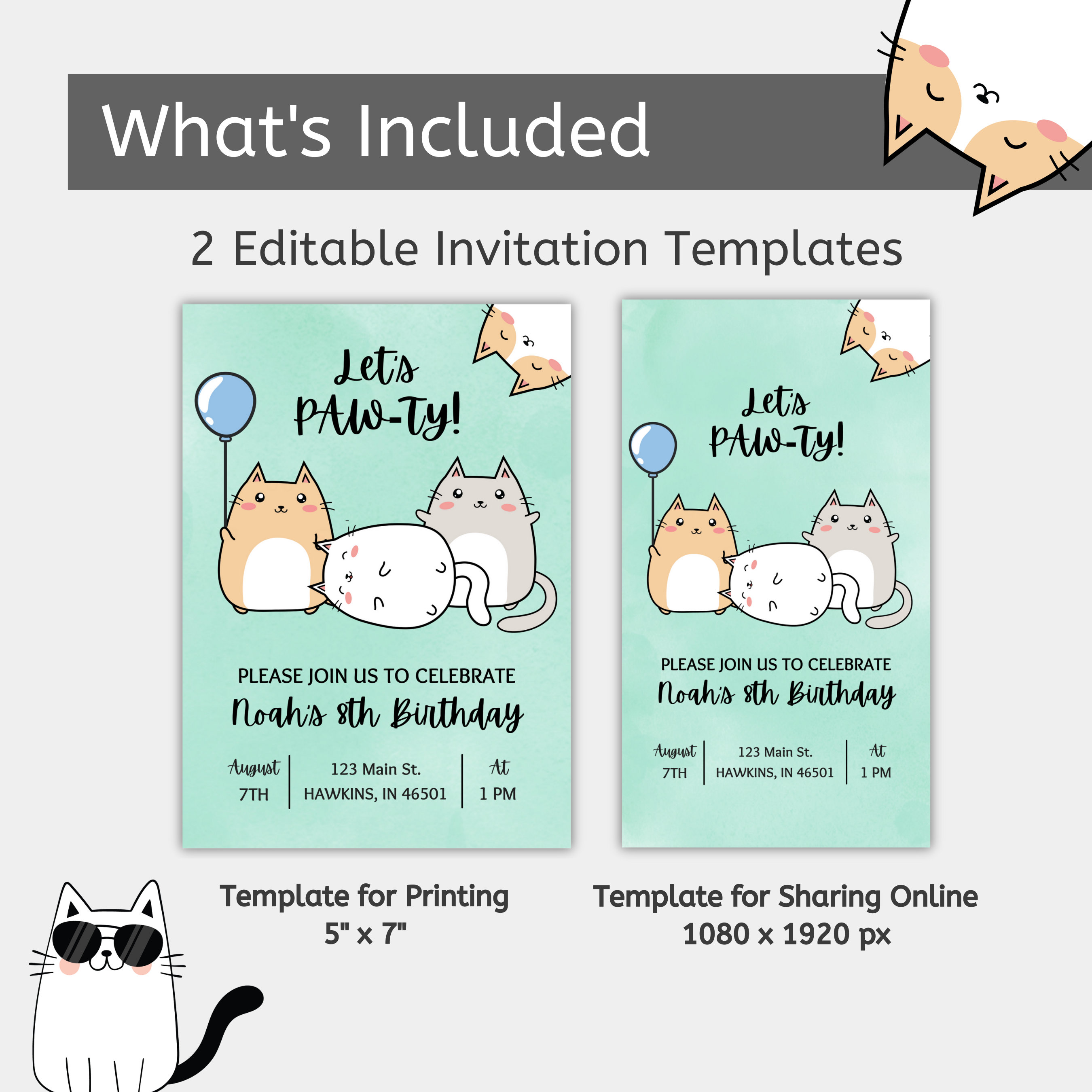 Cat Birthday Invitation Template Cat Theme Birthday - Etsy