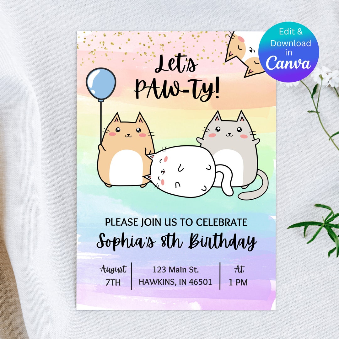 Cat Birthday Invitation Cat Theme Birthday Invitation Are - Etsy