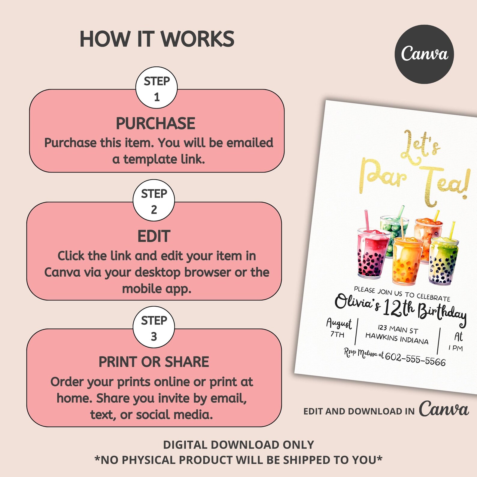 Boba Tea Birthday Invitation Template, Par-tea Invitation, Par Tea ...